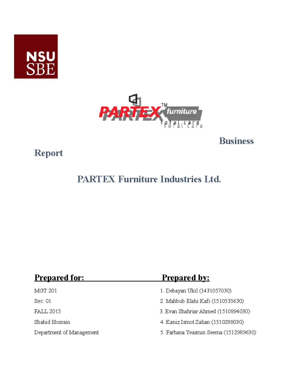 Group Report on Partex Furniture Industries Ltd. - MGT 210 - Studocu