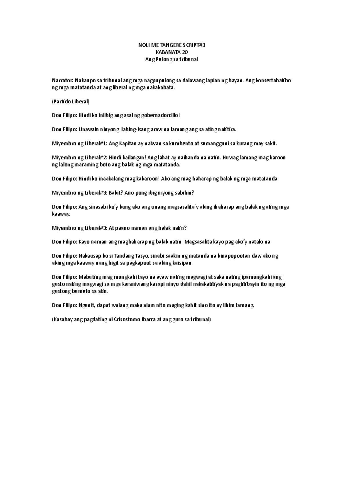 Noli Me Tangere Kabanata 20: Ang Pulong sa Tribunal - Studocu