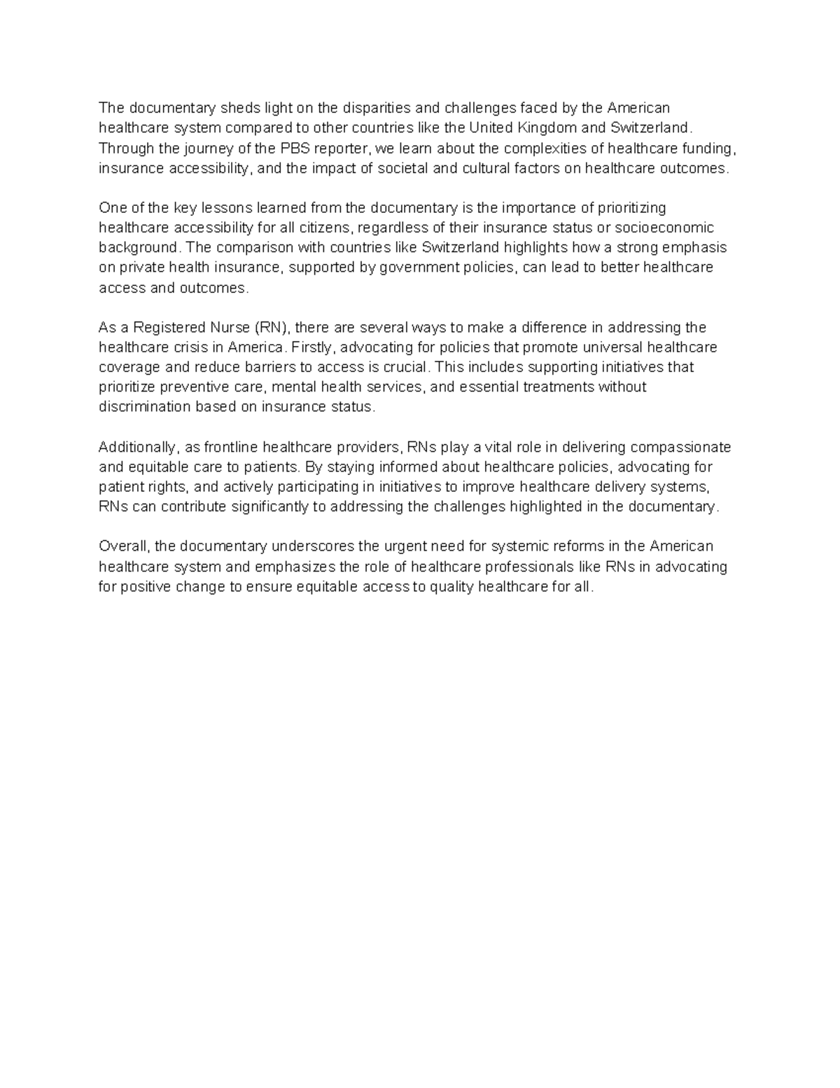 Reflection on Documentary: Healthcare Challenges in the U.S. vs. Other ...
