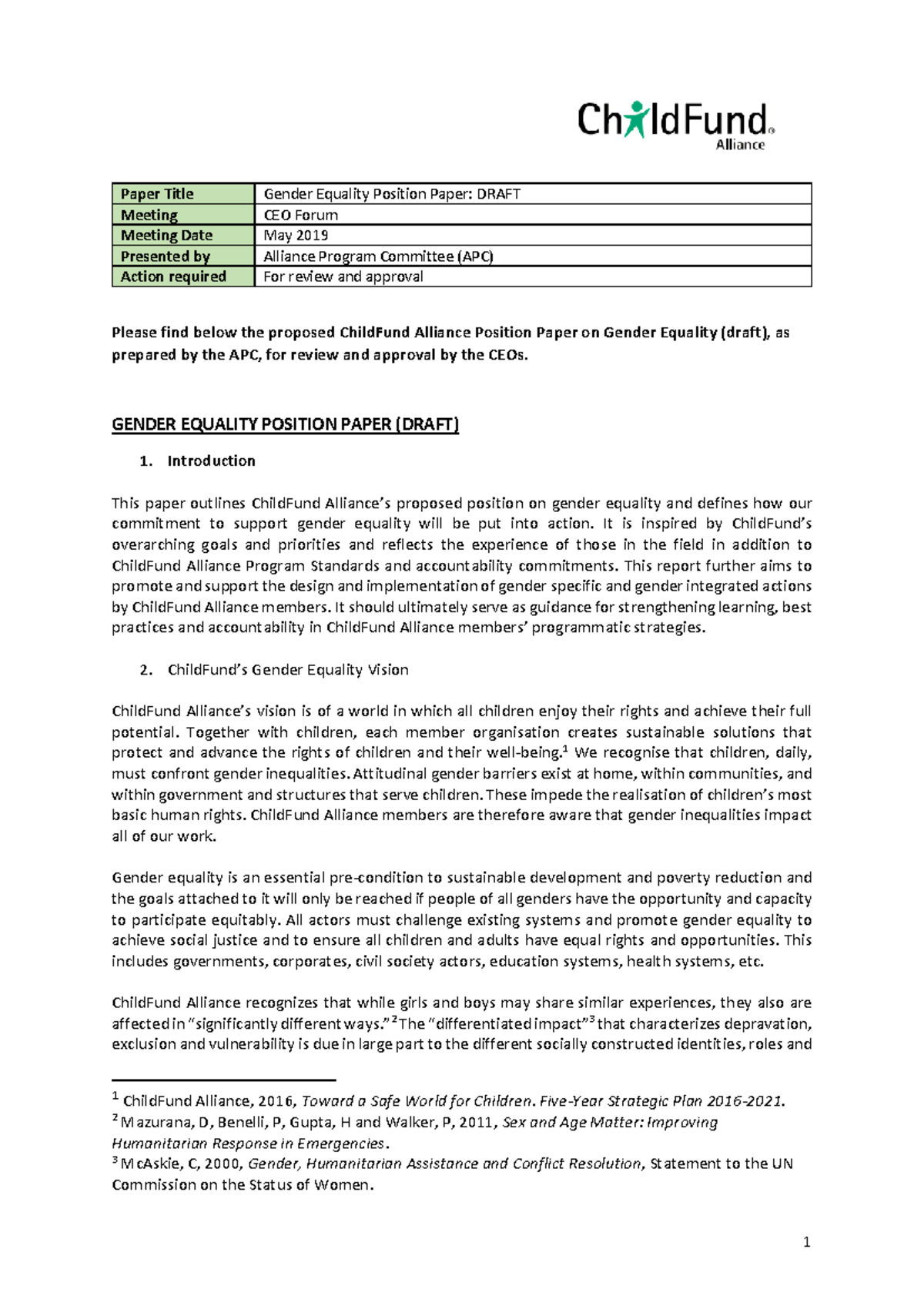 ChildFund Alliance Gender Equality Position Paper: DRAFT (May 2019 ...