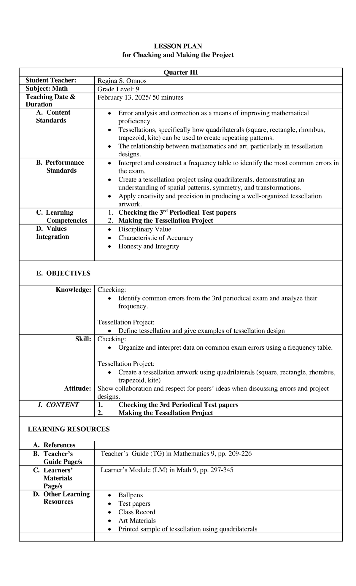 Lesson PLAN for checking and making project - LESSON PLAN for Checking ...