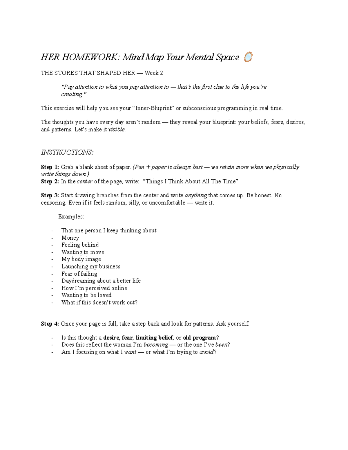 HER Homework: Mind Mapping Your Mental Space - Week 2 Exercise - Studocu