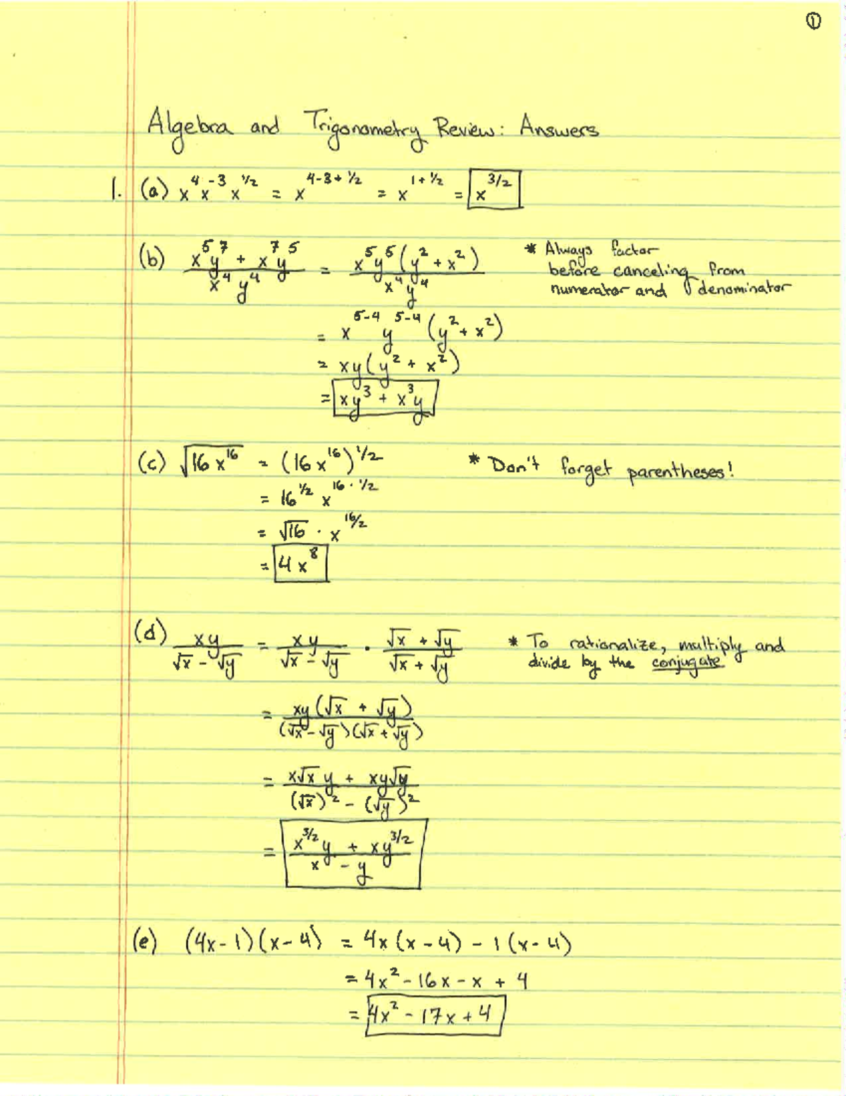 Algebra and Trigonometry Review: Worksheet 1 Solutions - Studocu