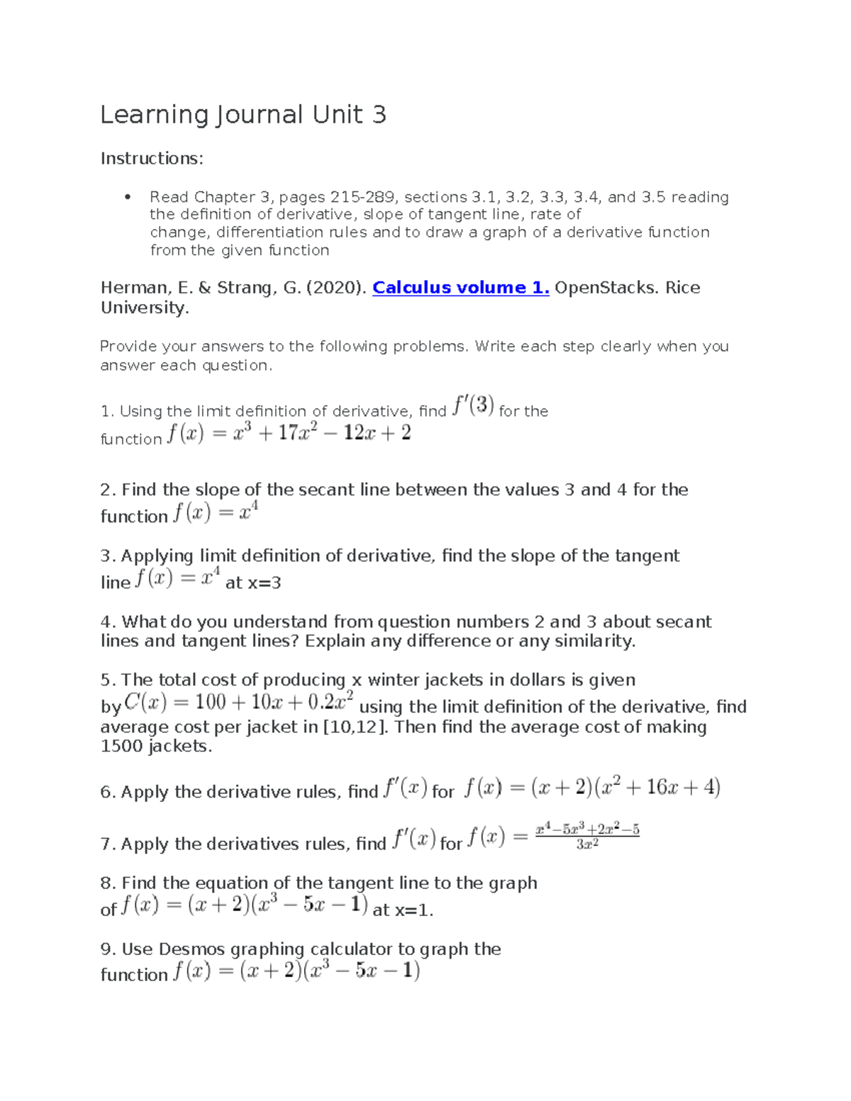 MATH 1211 - Learning Journal Unit 3 - Learning Journal Unit 3 Instructions: Read Chapter 3 ...