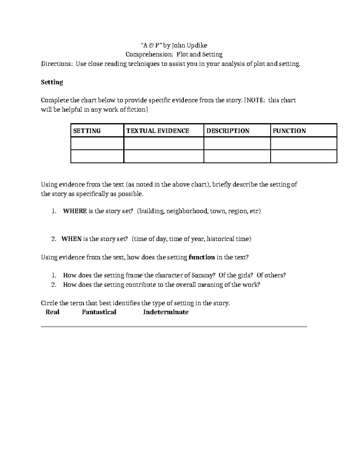 A & P (HSRHT) Analysis: Plot and Setting Comprehension Guide - Studocu