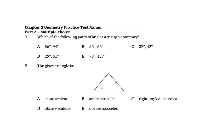 Chapter 2 Geometry Practice Test: Angle Pairs & Triangle Similarity ...