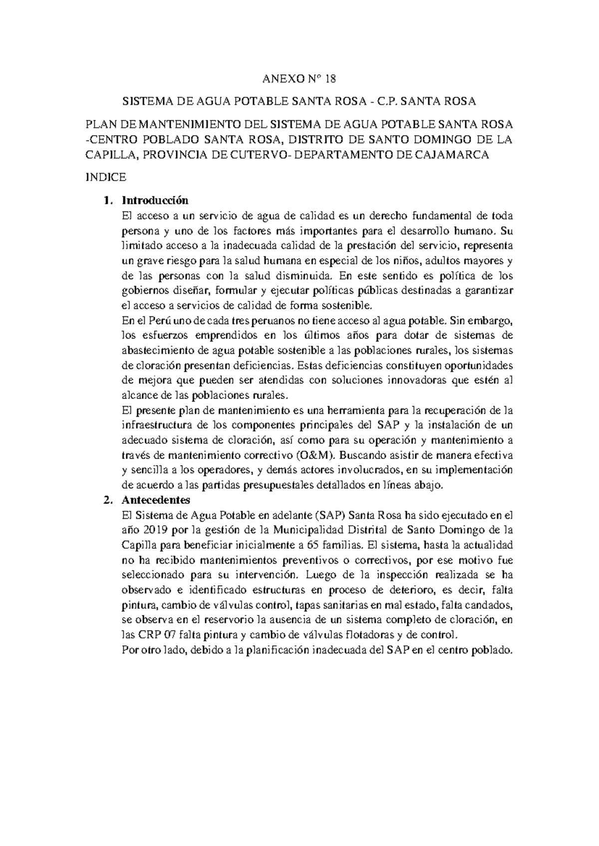 PLAN DE MANTENIMIENTO DEL SISTEMA DE AGUA POTABLE SAP SANTA ROSA - Studocu