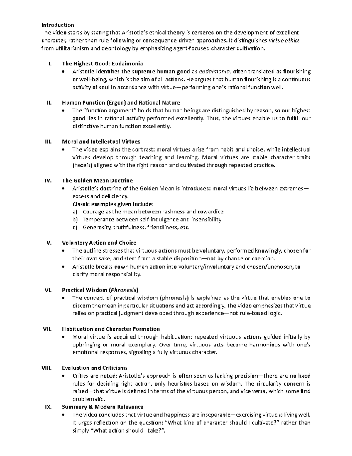 Aristotle's Ethics: Key Concepts and Virtue Theory - ETHIC NOTES - Studocu