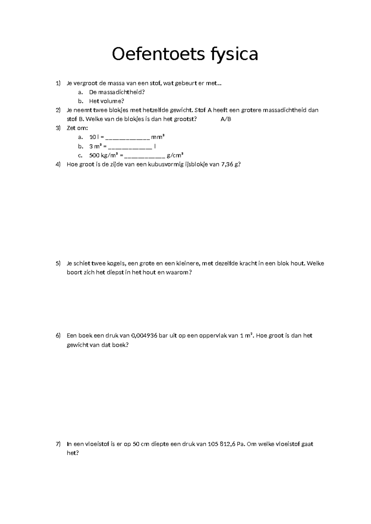 Oefentoets Fysica: Massa, Dichtheid en Stroomkringen - Studocu