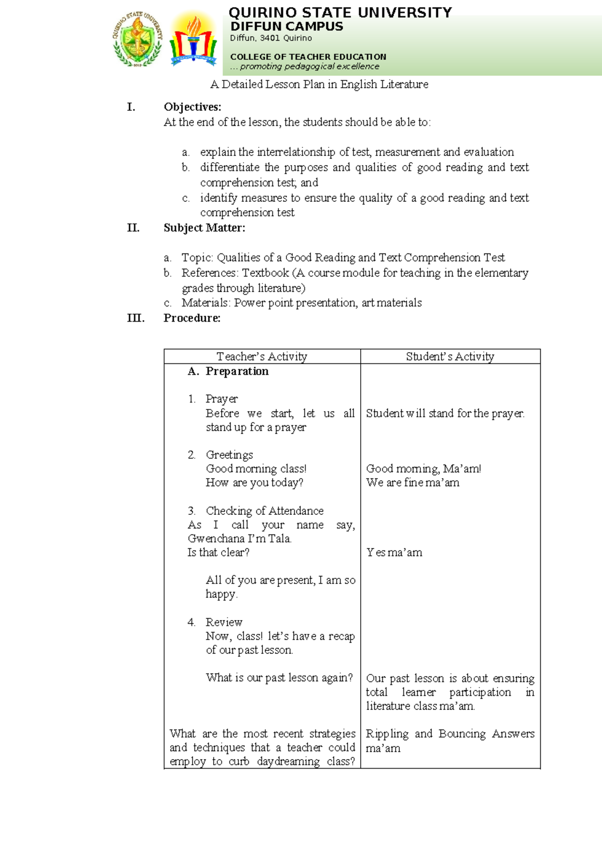 A Comprehensive Lesson Plan for English Literature (EDUC 3401) - Studocu