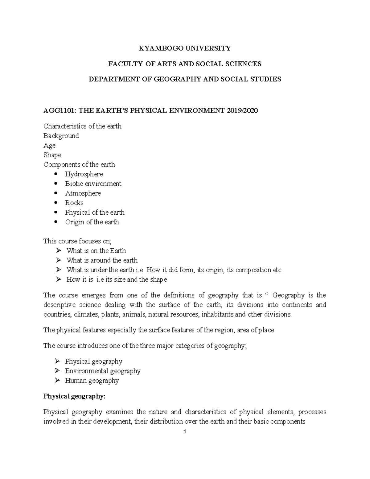 AGG1101 The Earth's Physical Environment: Key Concepts & Features - Studocu