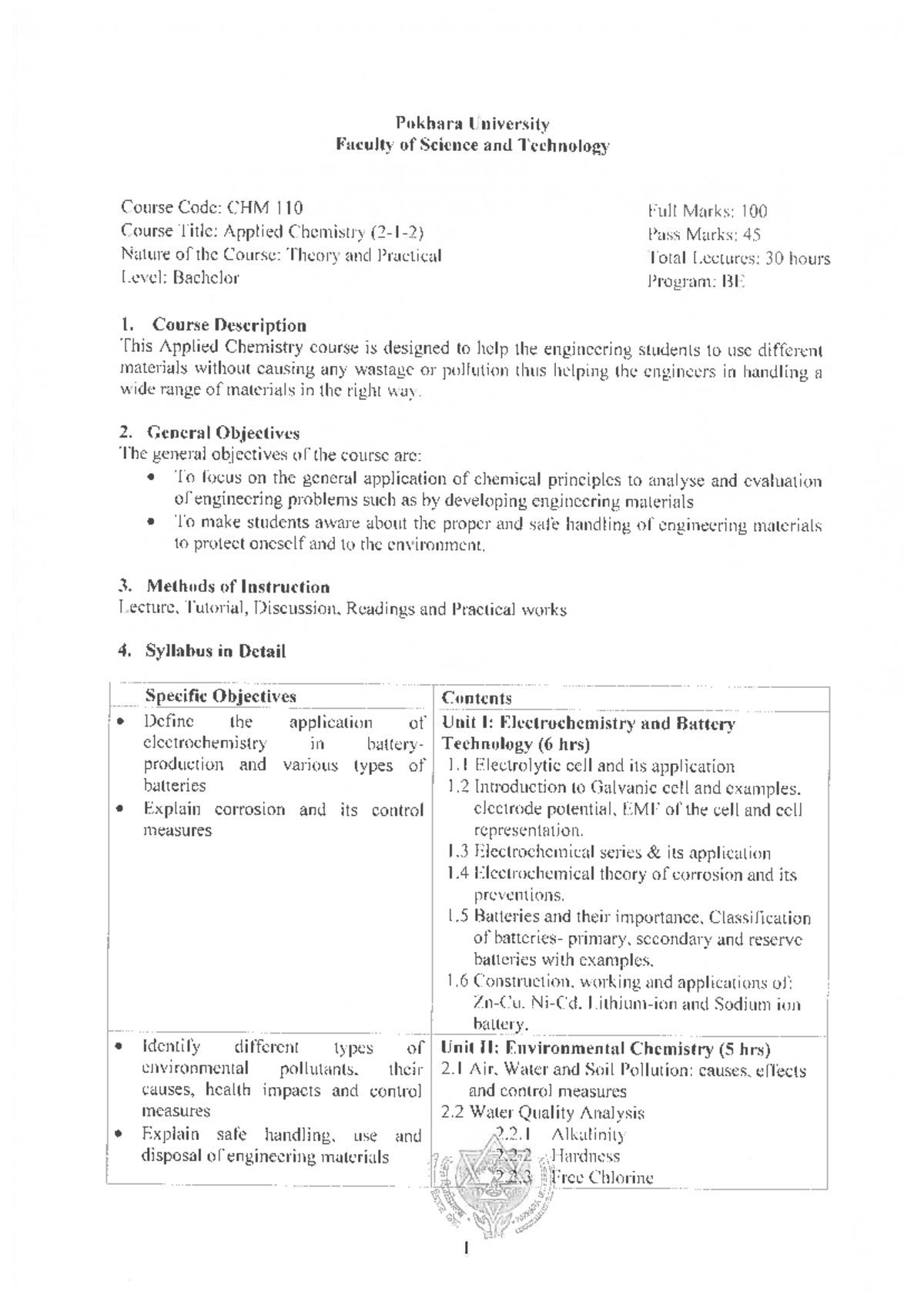 Syllabus of Applied Chemistry (CHM 110) for BE 1 Students - Studocu