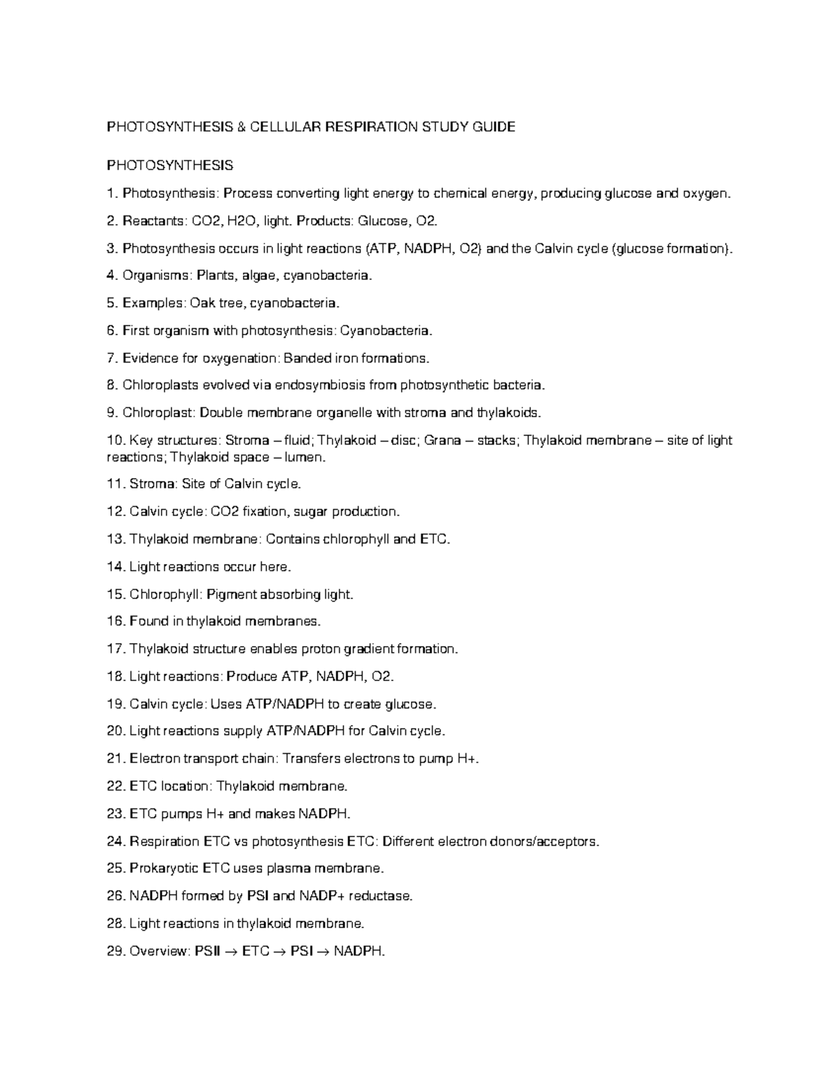 PHOTOSYNTHESIS & CELLULAR RESPIRATION STUDY GUIDE - Studocu