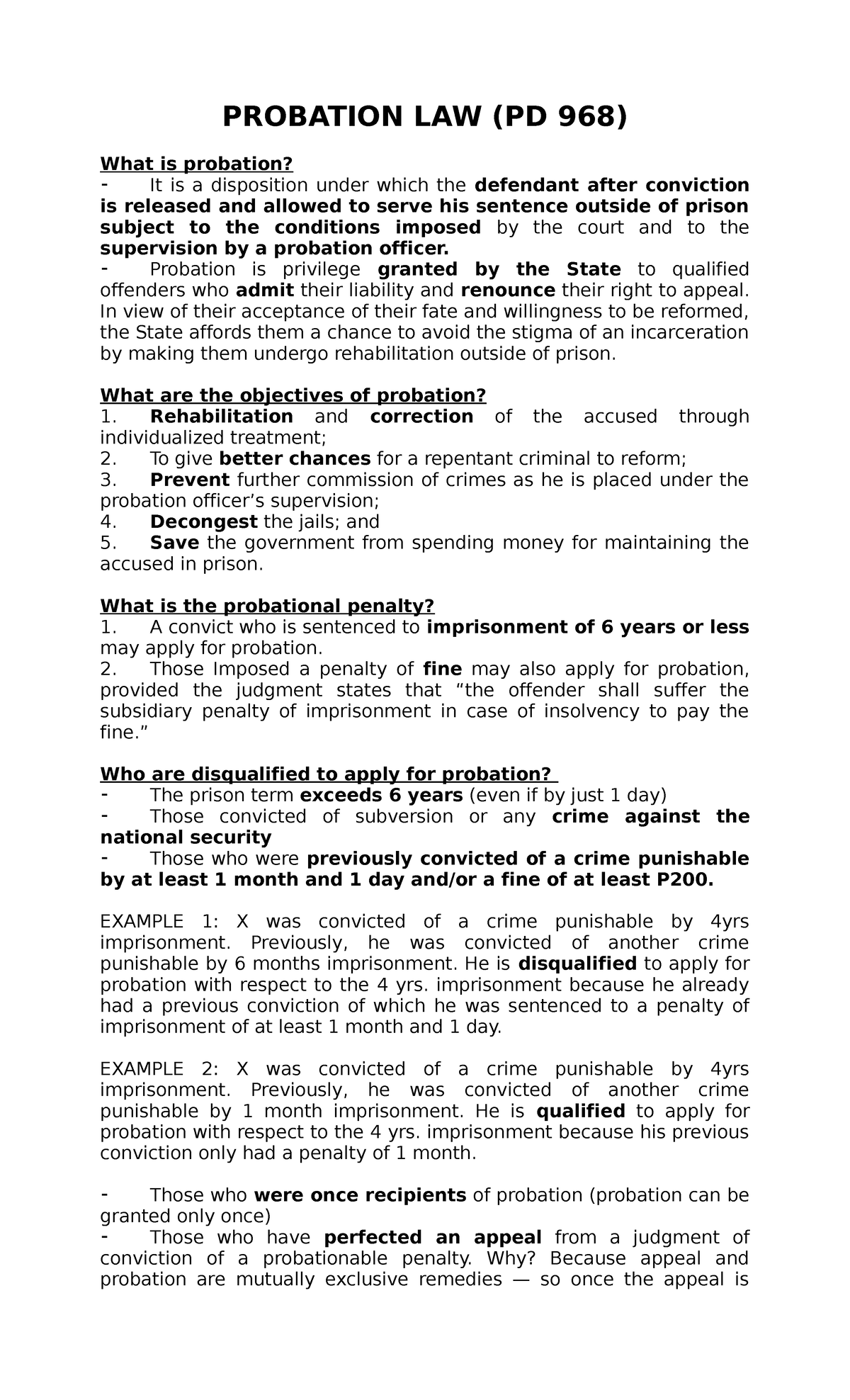 Probation LAW - PROBATION LAW (PD 968) What is probation? ⁃ It is a ...