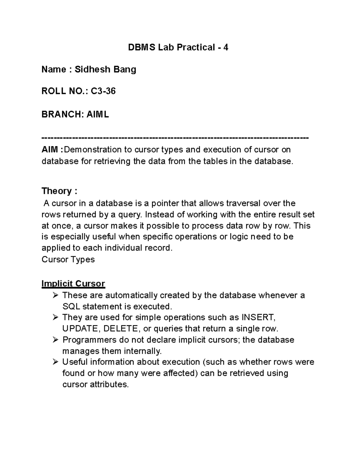 DBMS Lab Practical 4: Understanding Cursor Types and Execution - Studocu