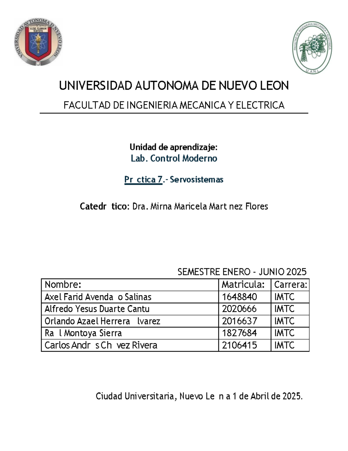 Práctica 7: Diseño de Servosistemas en Control Moderno - IMTC 2025 - Studocu