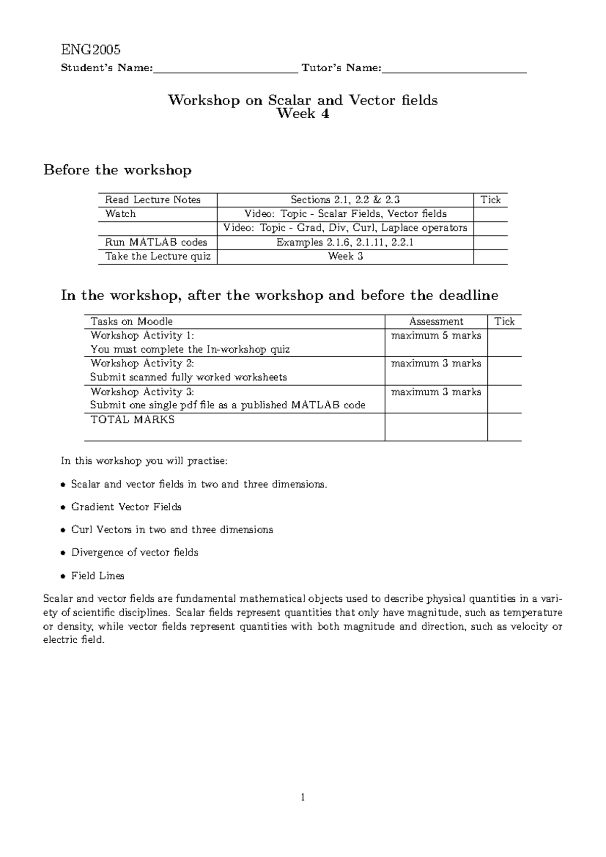 ENG2005 Workshop W4: Scalar and Vector Fields Exercises and Tasks - Studocu