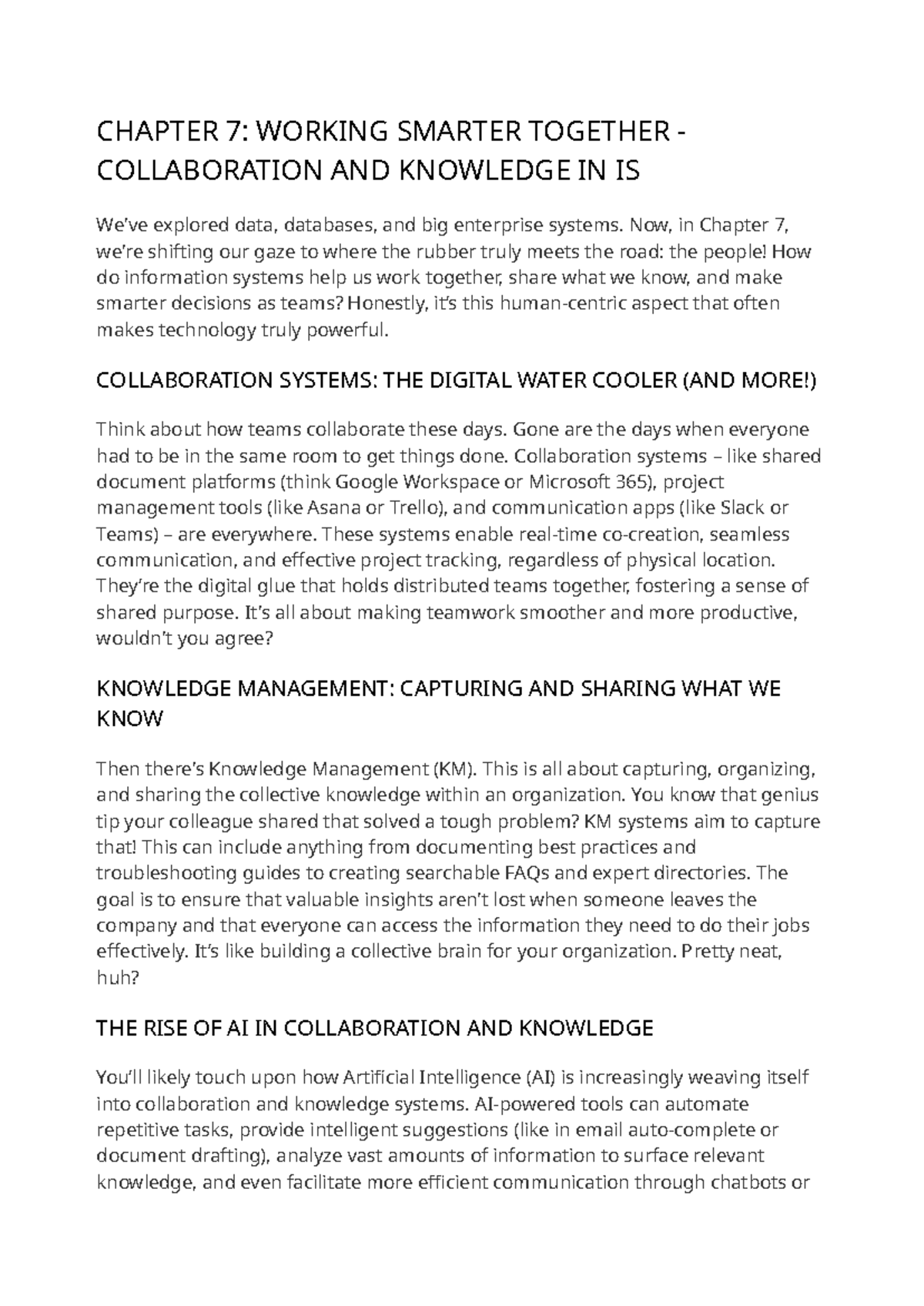 CHAPTER 7: COLLABORATION & KNOWLEDGE IN IS - WORKING SMARTER - Studocu