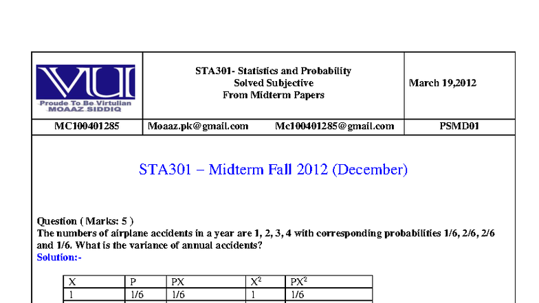 STA301 Midterm Solved Subjective Questions and Solutions - Studocu