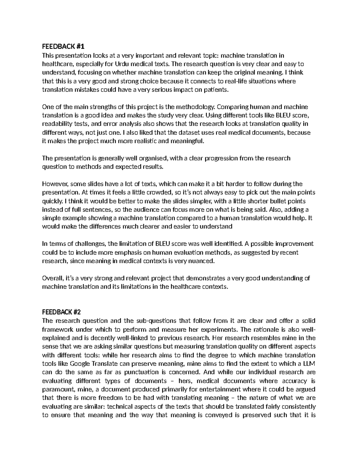 Machine Translation in Healthcare: Peer Feedback on Urdu Texts - Studocu