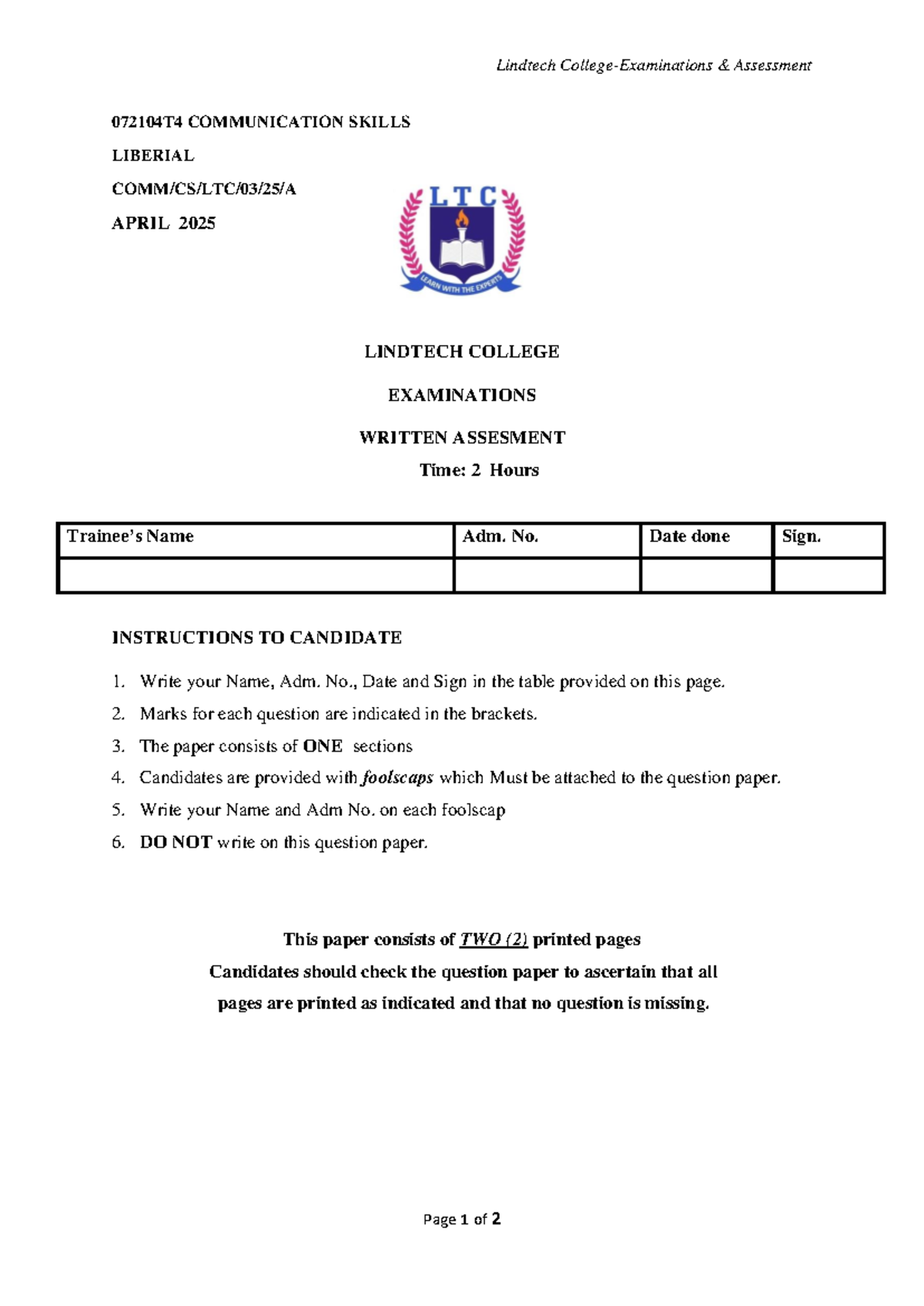 COMM 072104T4 Communication Skills Essay Assessment - April 2025 - Studocu