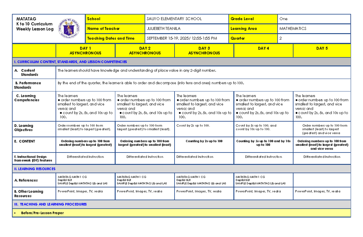 MATH 1 Q2 W3 Weekly Lesson Log: Ordering Numbers & Counting - Studocu