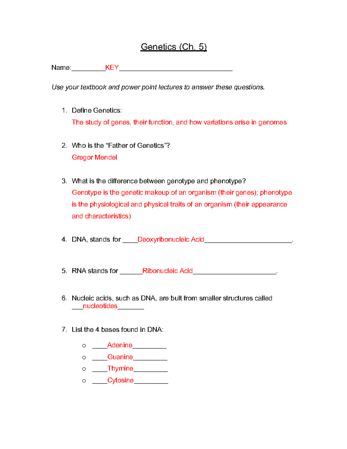 Genetics (BIO101) Ch. 5 Worksheet - Key Notes & Answers - Studocu