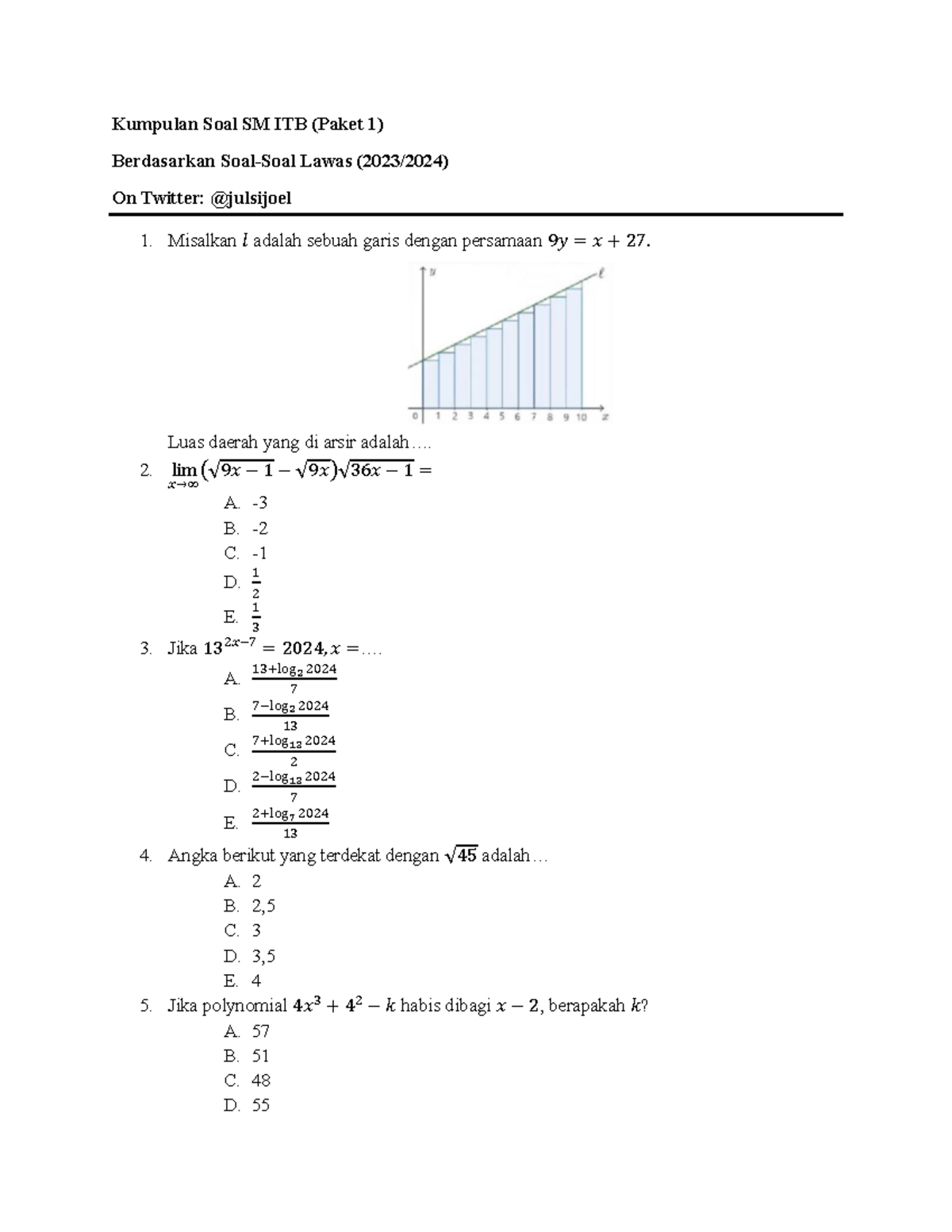 Kumpulan Soal SM ITB (Paket 1) untuk Ujian 2023 dan 2024 - Studocu