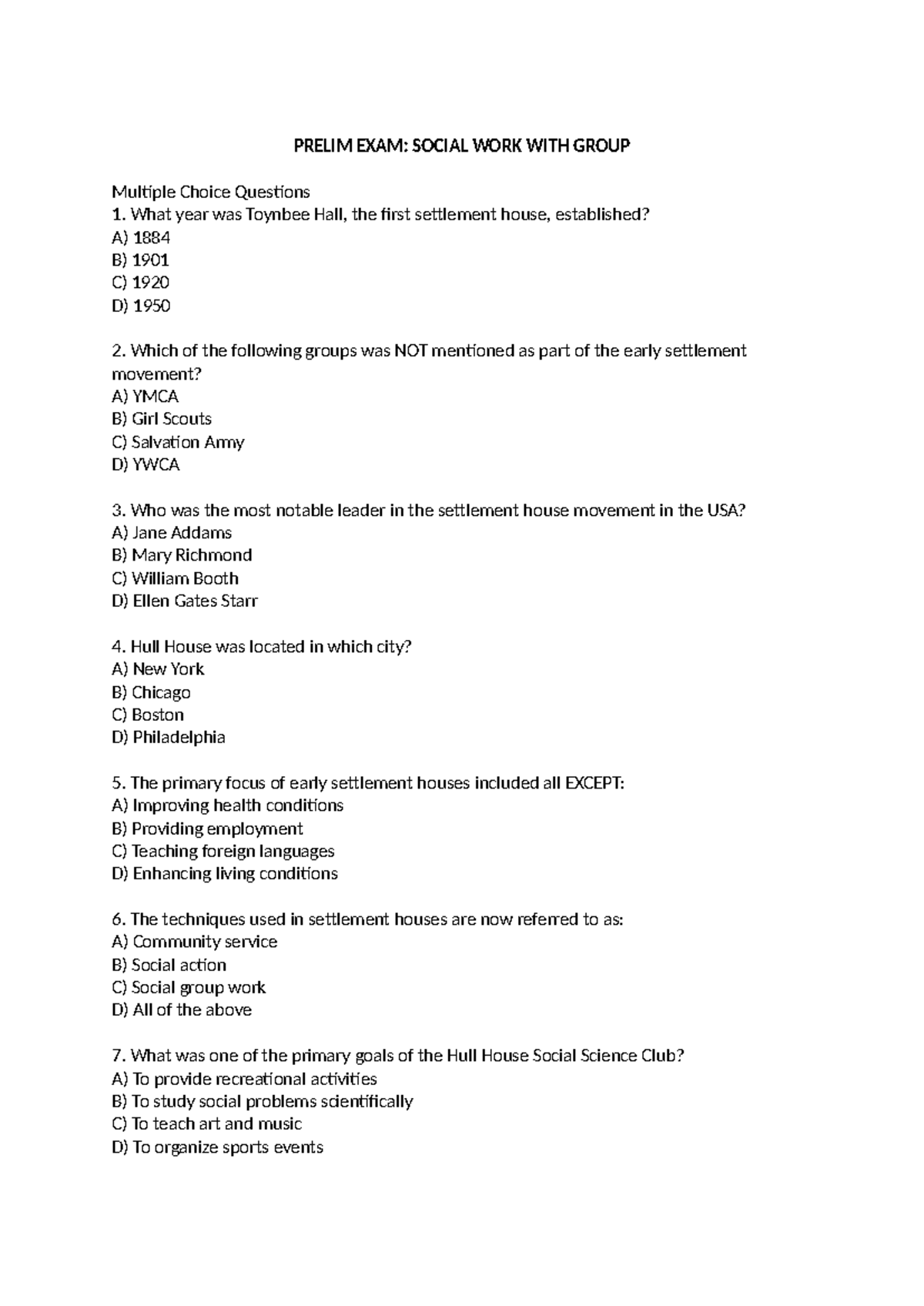 Prelim Exam: Social Work with Groups - MCQs and T/F Test - Studocu