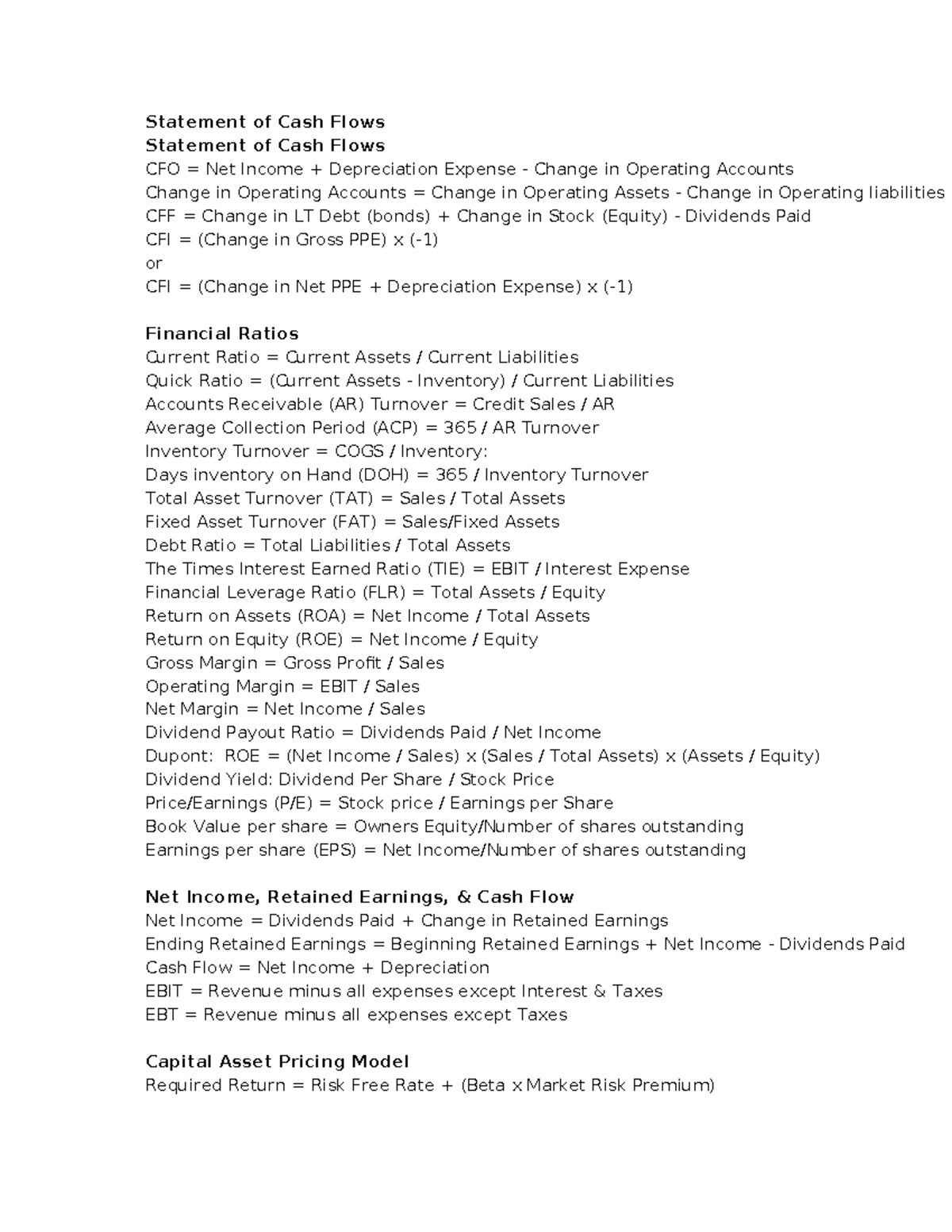 C214 Financial Ratios and Cash Flow Formulas Guide - Studocu