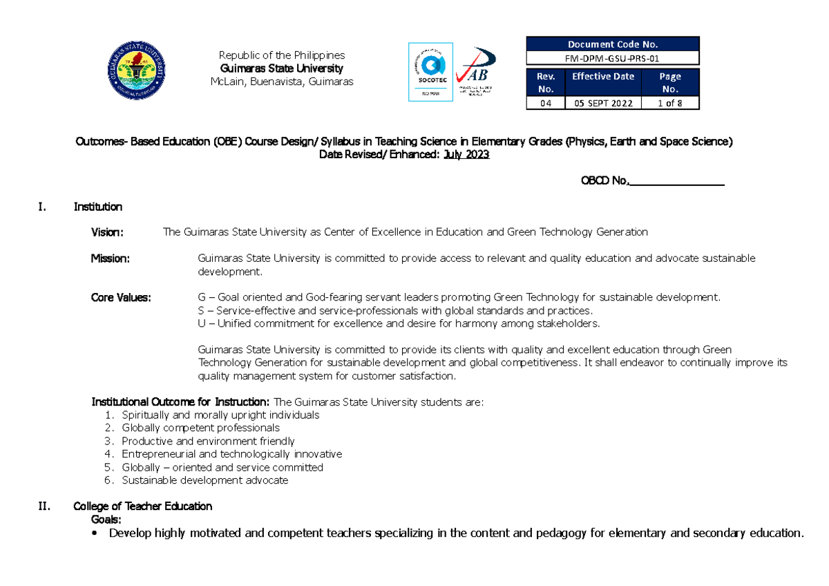 Syllabus SCI 2: Teaching Science in Elementary Grades (Physics & Earth ...