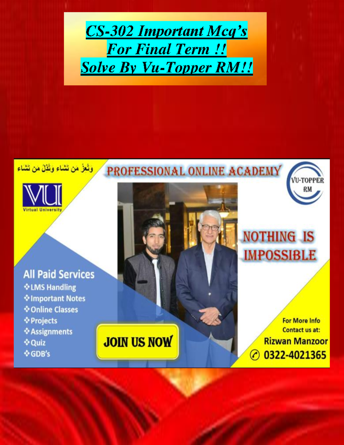 Cs302 Mcqs Final Term By Vu Topper Rm Cs 302 Important Mcqs For Final Term Solve By Vu