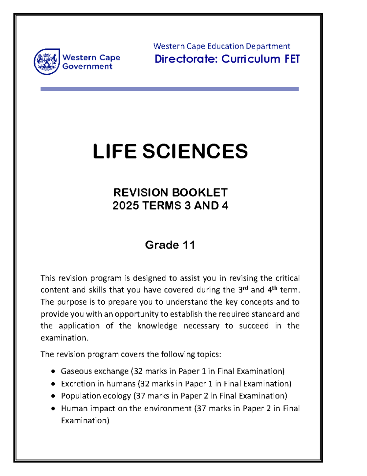 Grade 11 Life Sciences Revision Booklet 2025: Terms 3 & 4 Guide - Studocu