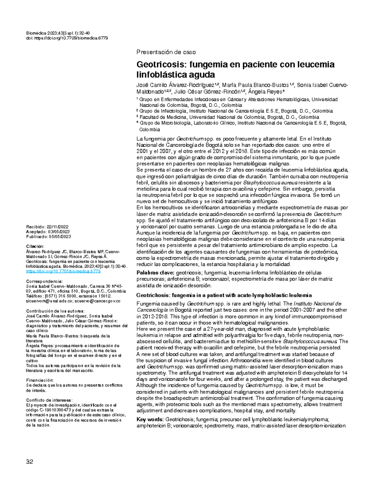 Geotricosis y fungemia en paciente con leucemia linfoblástica (C ...
