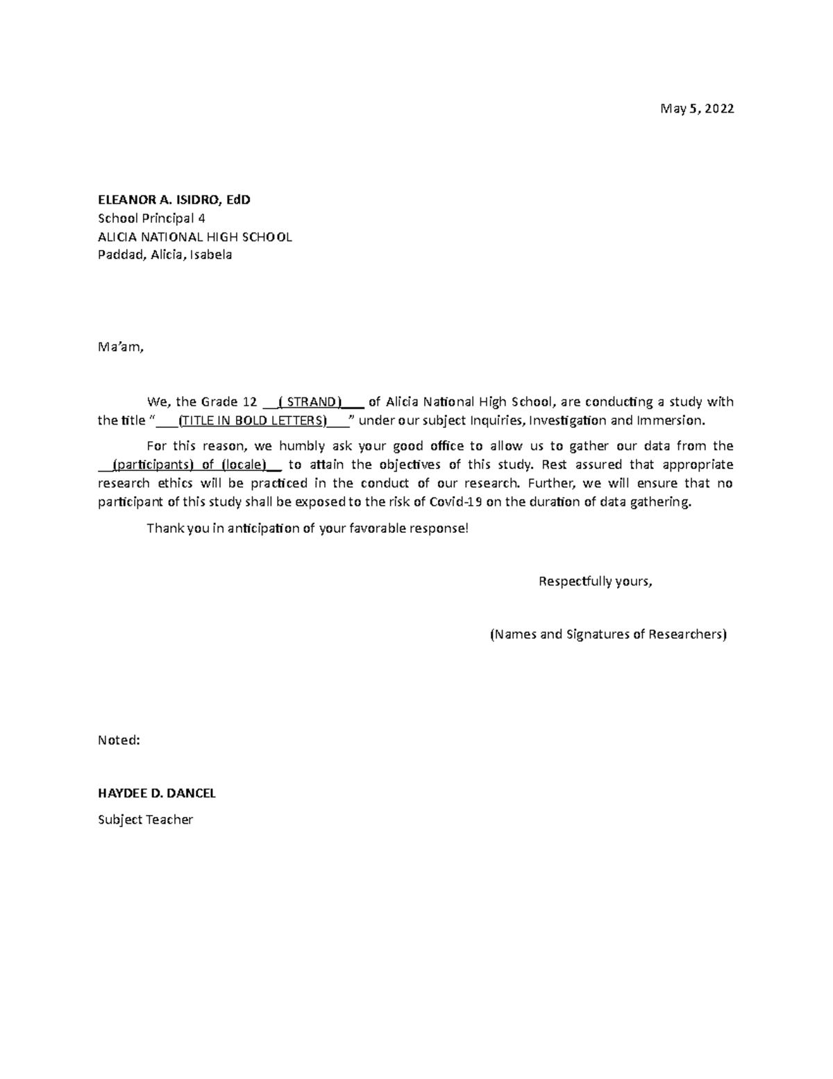 Letter To Conduct Study Template - May 5, 2022 ELEANOR A. ISIDRO, EdD ...
