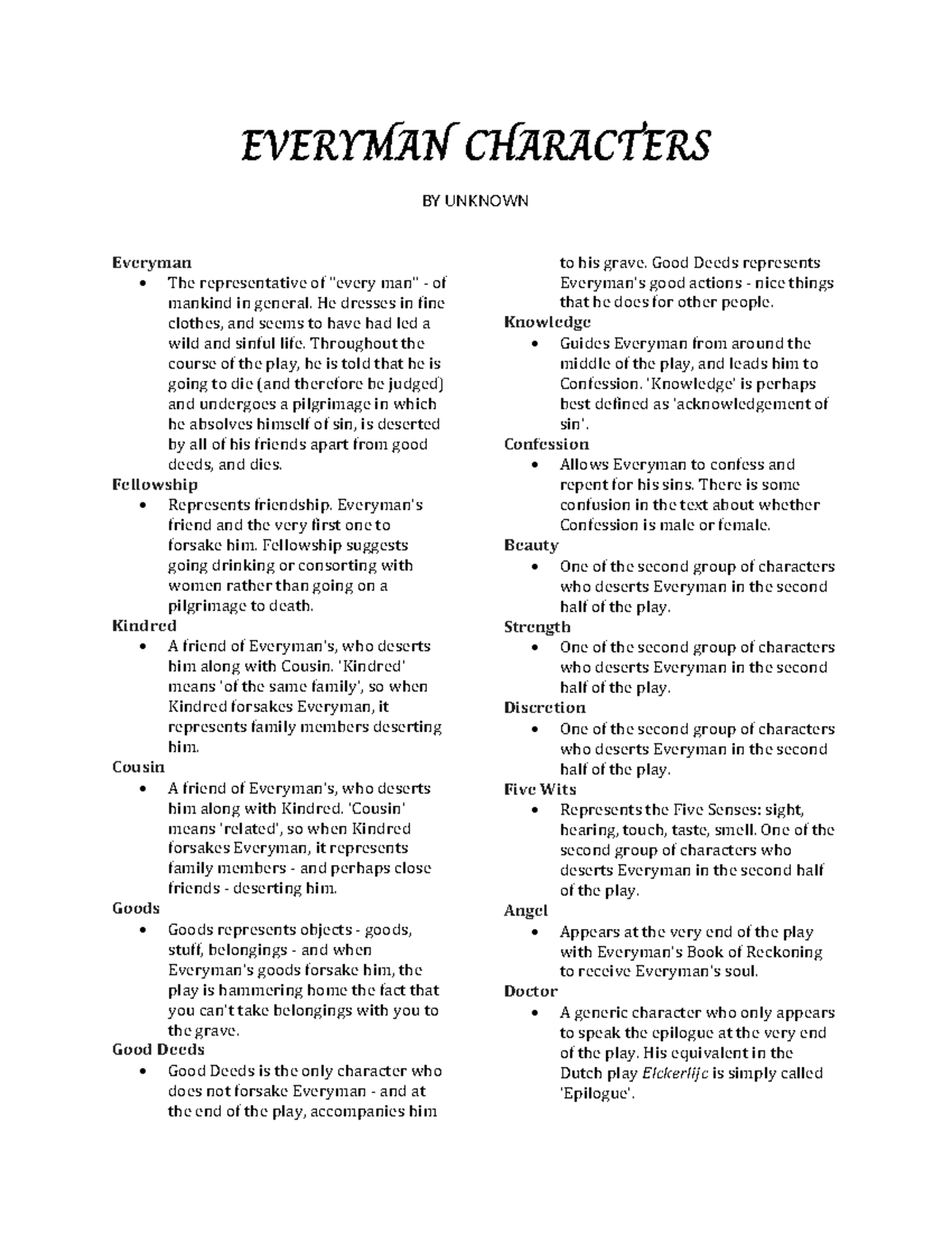 LIT 2 Everyman ENG 64 Character Analysis and Themes Summary - Studocu