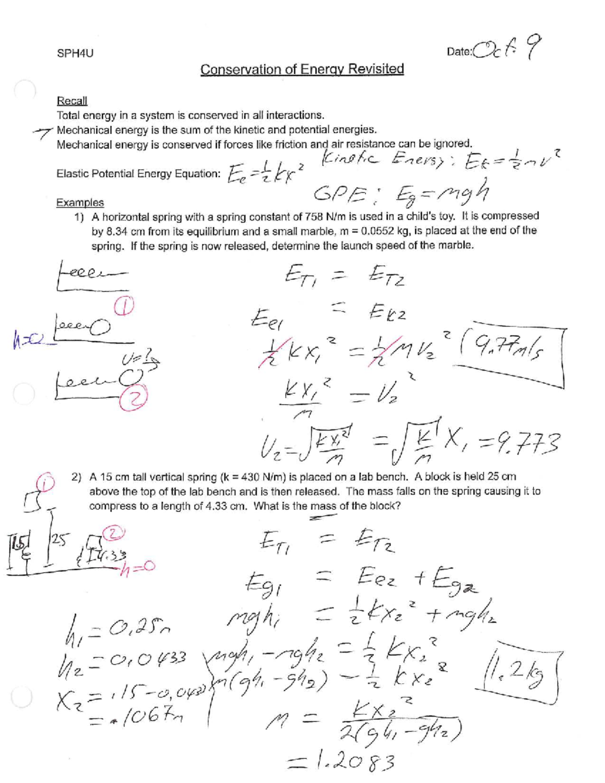 SPH4U Lecture Notes: Conservation of Energy Concepts and Examples - Studocu