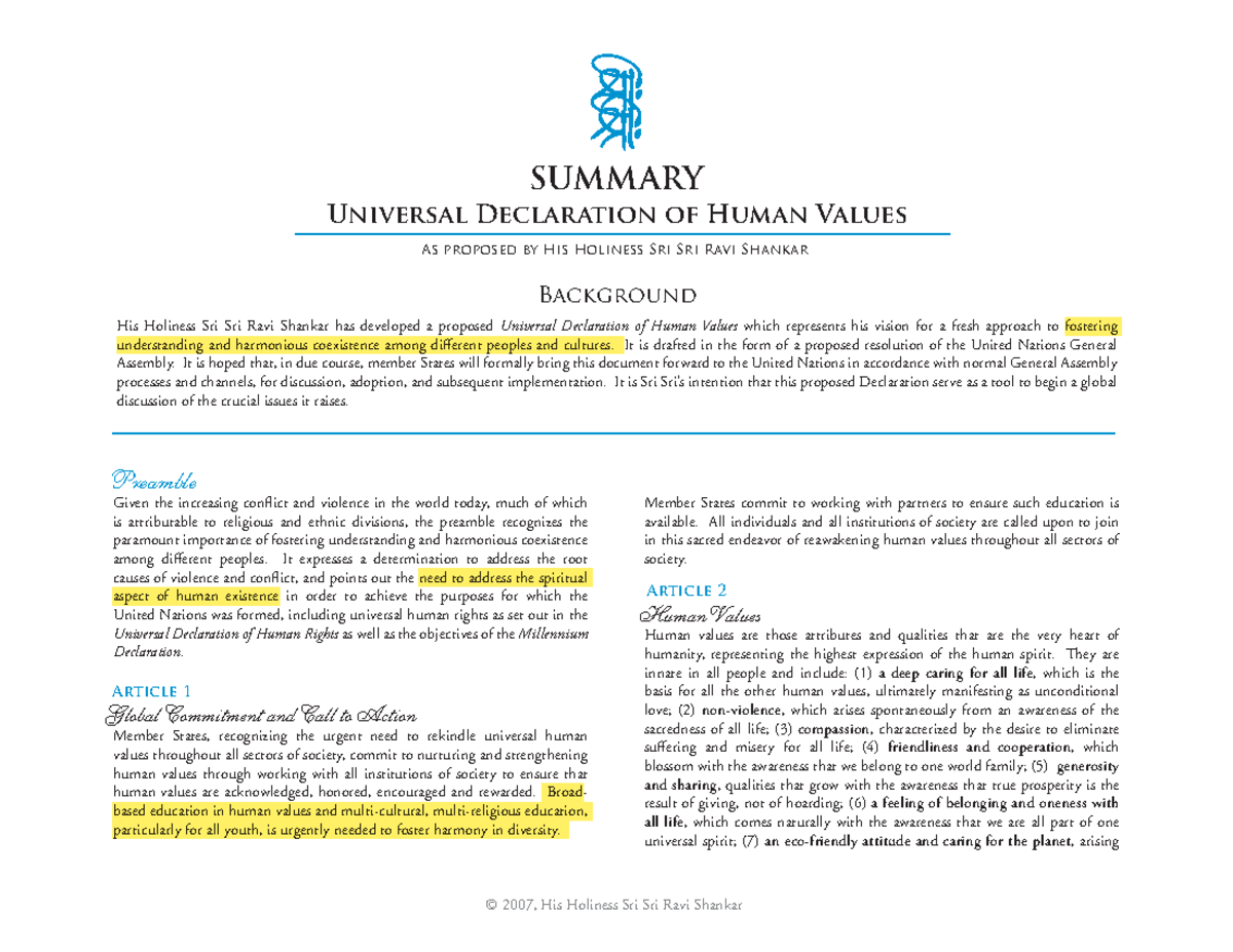Universal Declaration of Human Values - Universal Declaration of Human ...