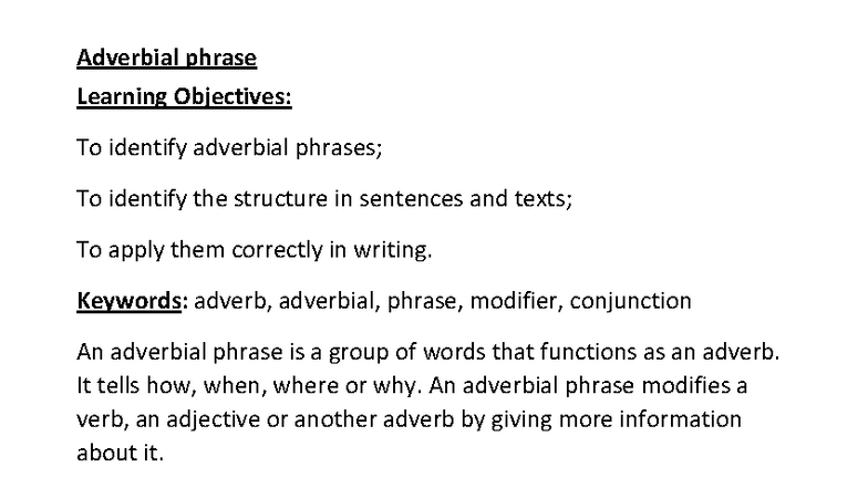Adverbial Phrase - Learning Objectives & Examples - Studocu
