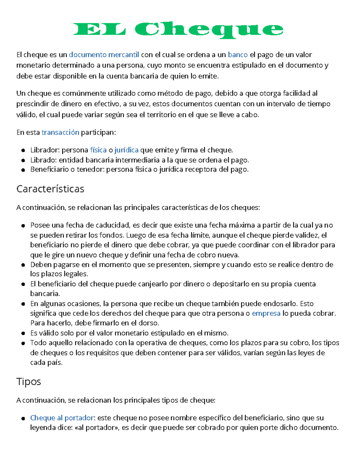 Tipos de Cheques - EL Cheque El cheque es un documento mercantil con el ...