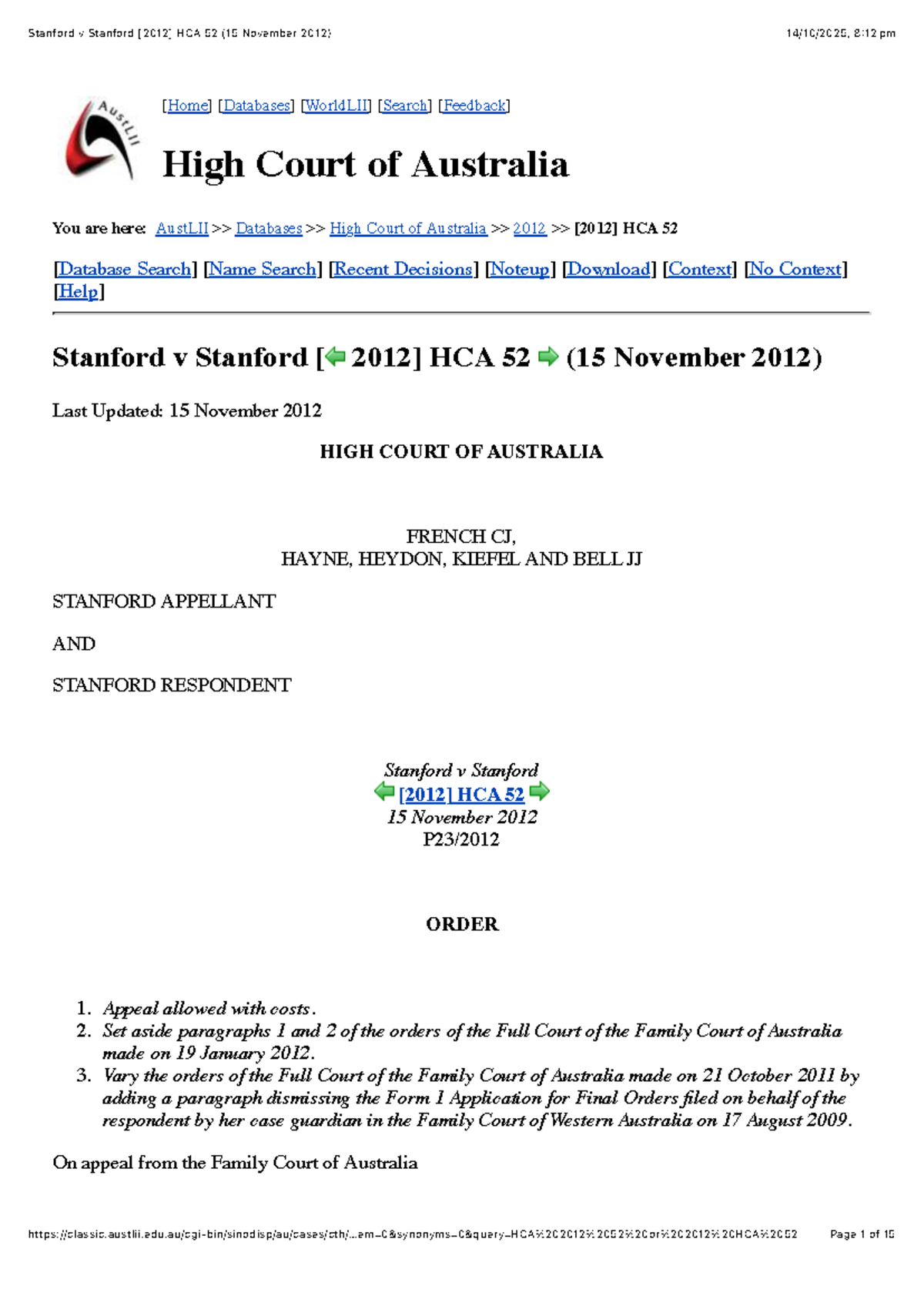 Stanford v Stanford HCA 52: High Court Decision Analysis (2012) - Studocu