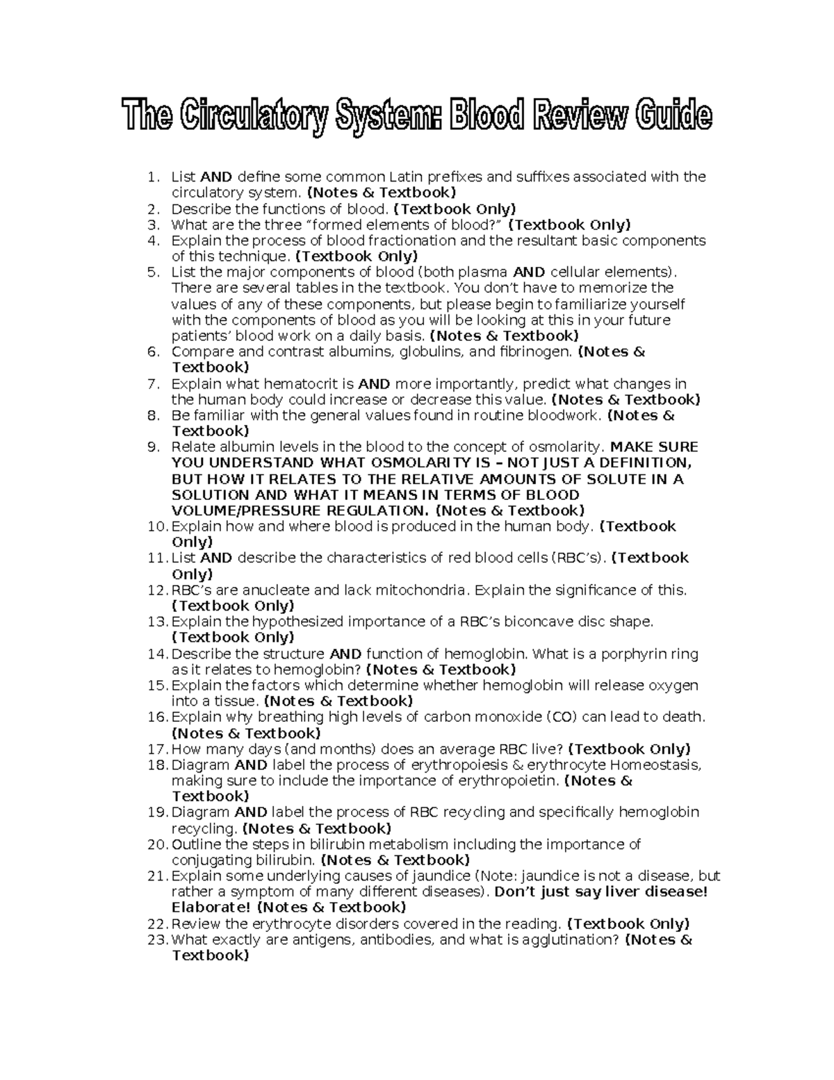 Module 2: Circulatory System - Blood Review Guide (Notes & Textbook ...