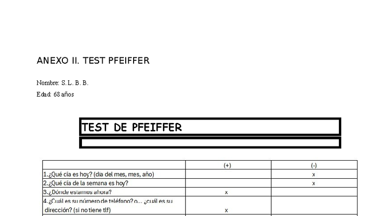 Test de Pfeiffer - Evaluación Cognitiva de S. L. B. B. (68 años) - Studocu
