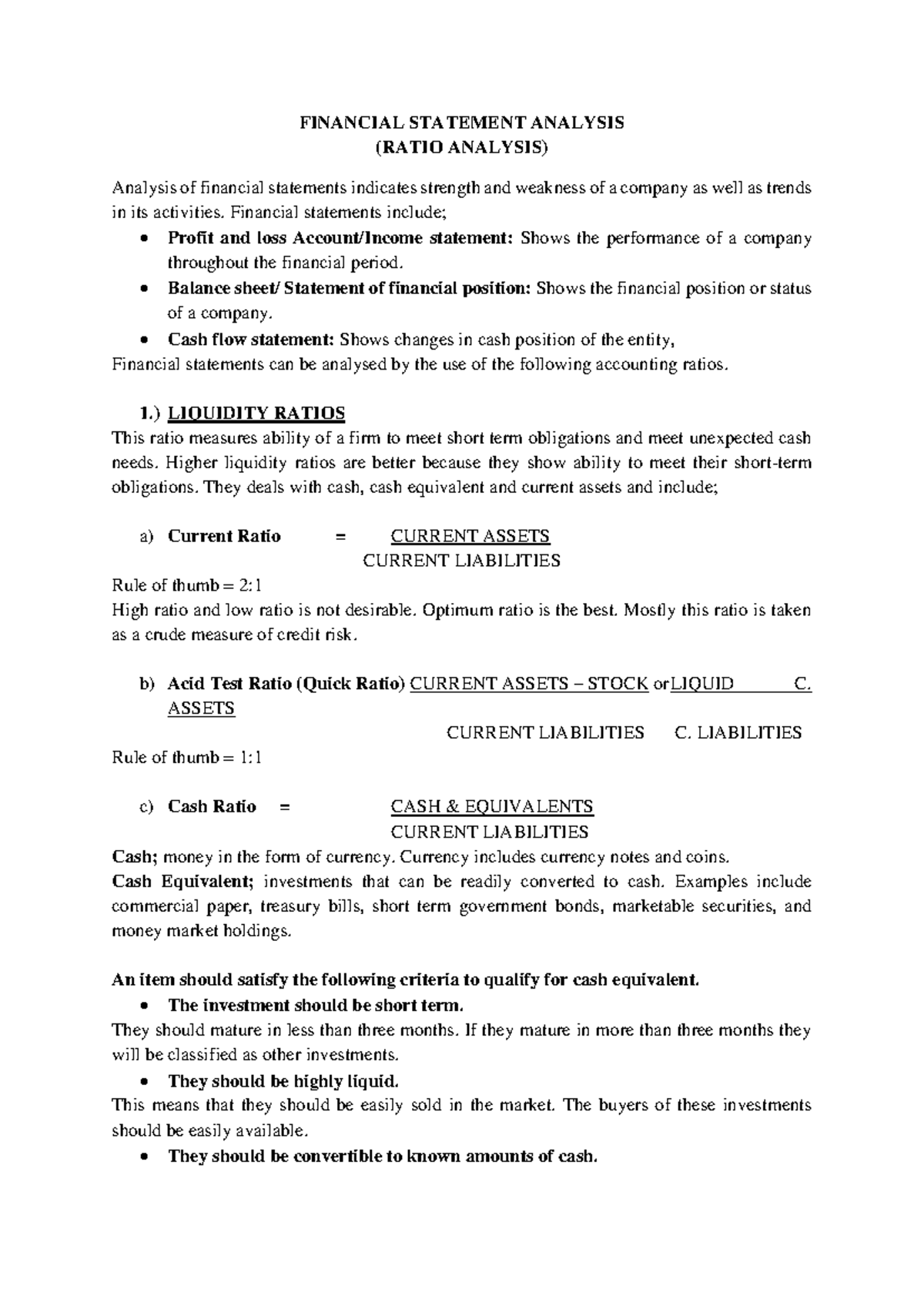 FIN 301: Financial Statement Analysis - Ratio Analysis Overview - Studocu