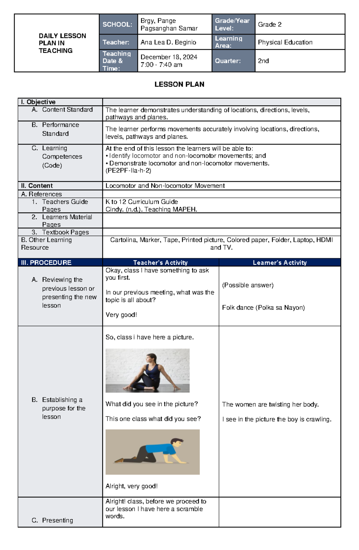 DAILY LESSON PLAN: Locomotor Movements for Grade 2 (PE) - Studocu