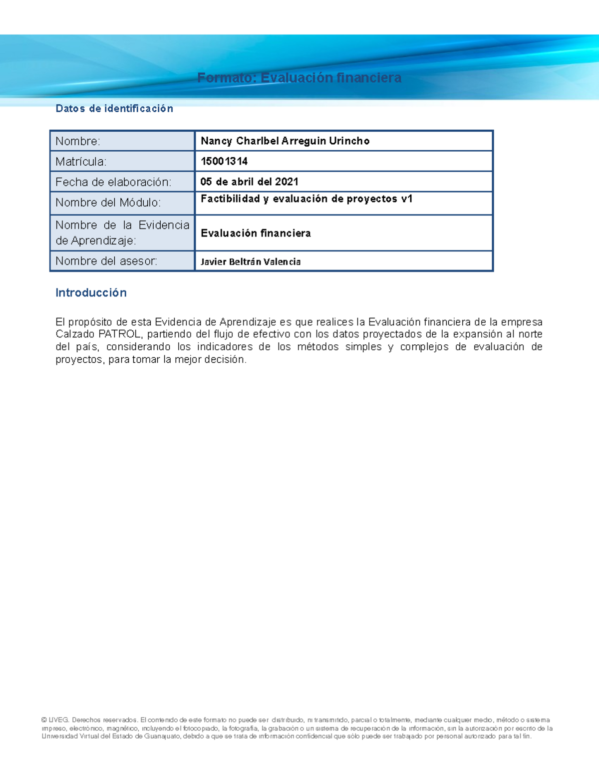 Nancy Arreguin Evaluacion Financiera - Formato: Evaluación financiera ...