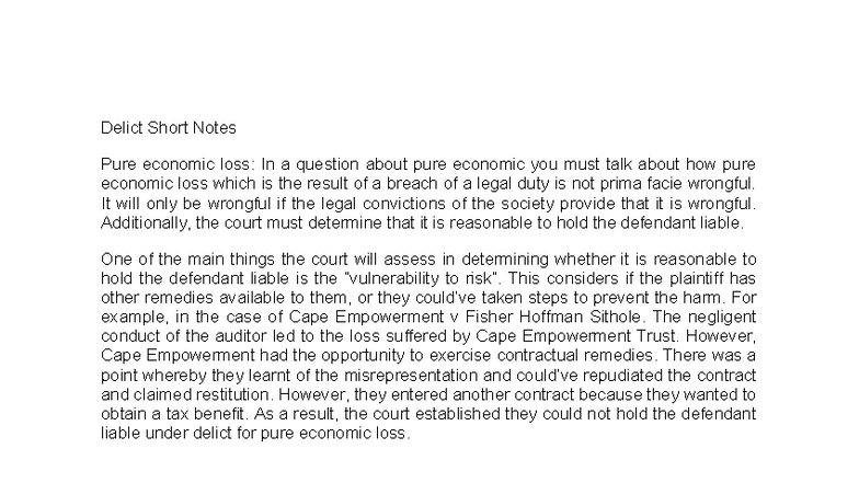 Crash Course on Pure Economic Loss in Delict Law - Studocu