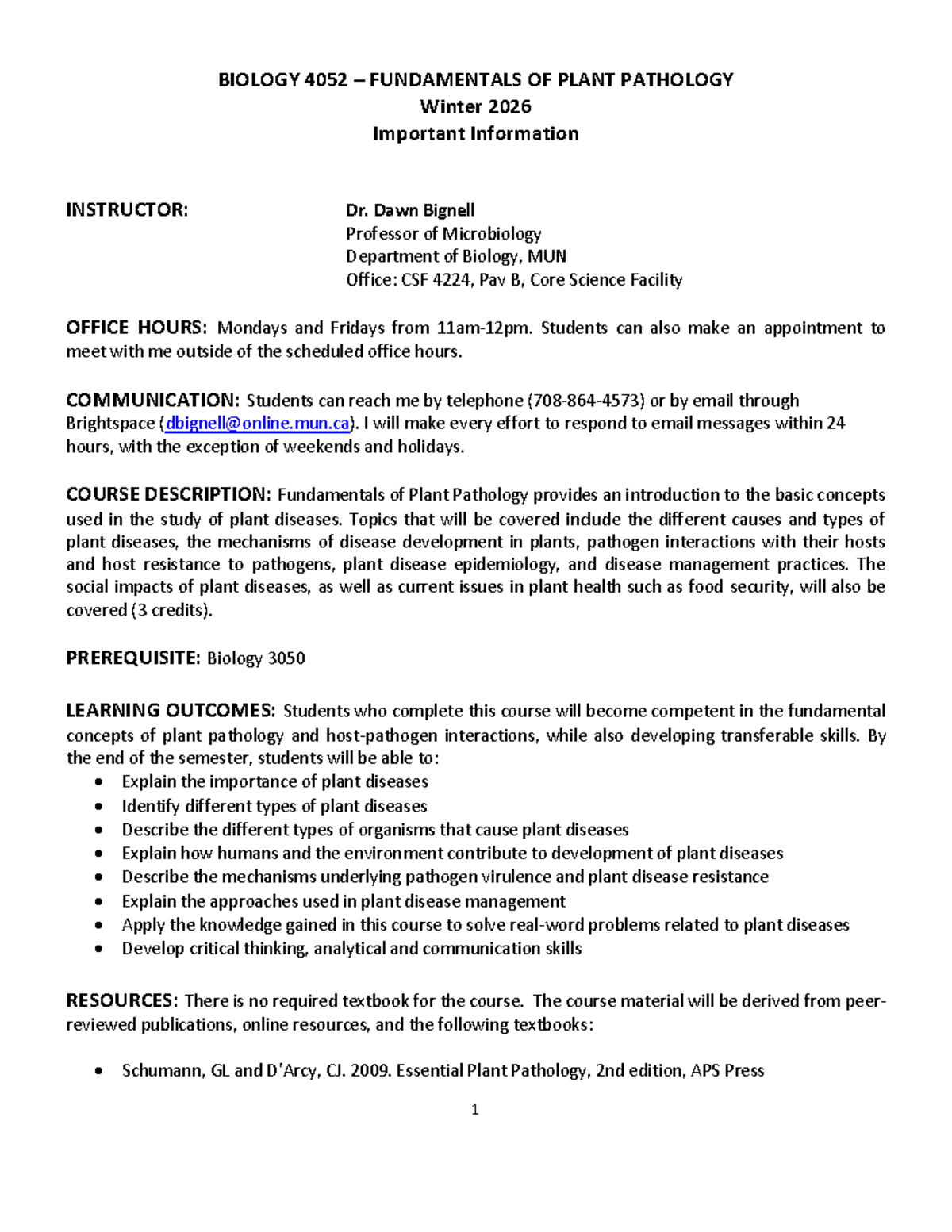 BIOLOGY 4052 SYLLABUS: FUNDAMENTALS OF PLANT PATHOLOGY W2026 - Studocu