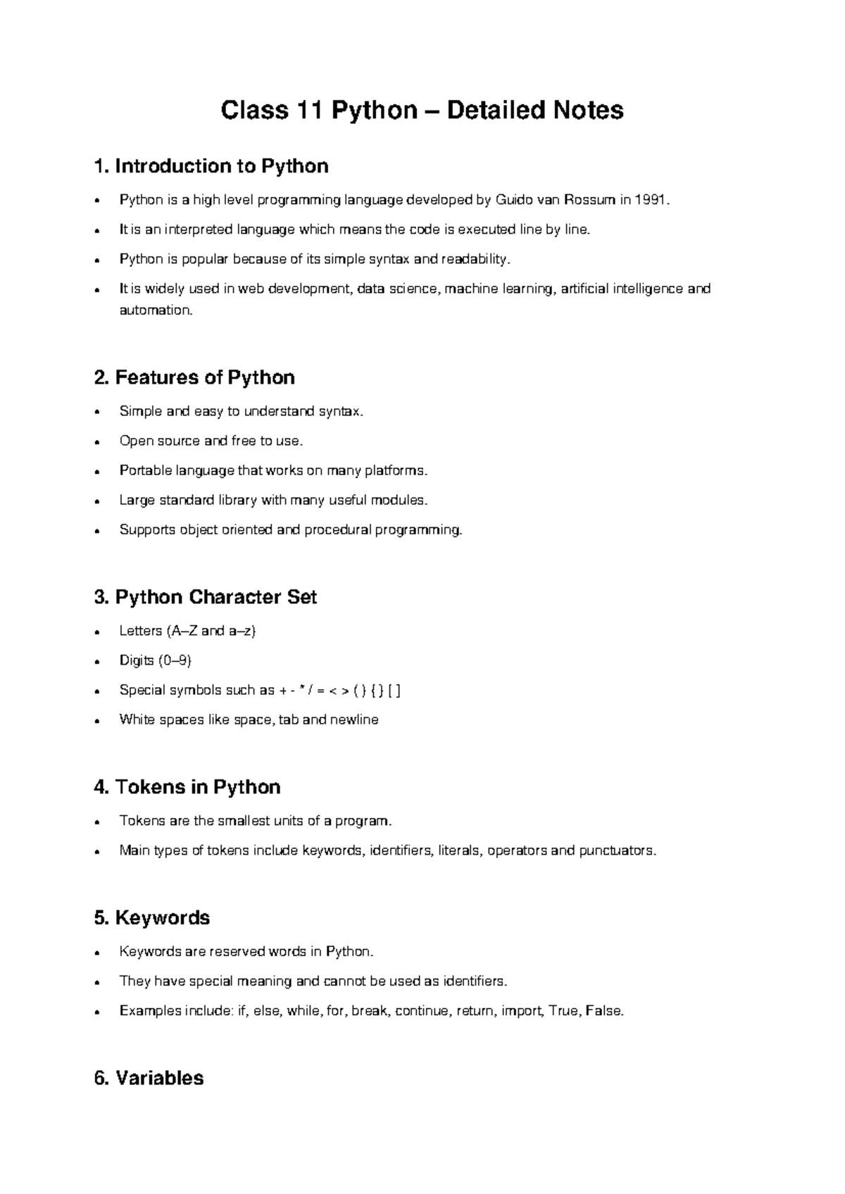 Class 11 Python Detailed Notes: Key Concepts and Features - Studocu