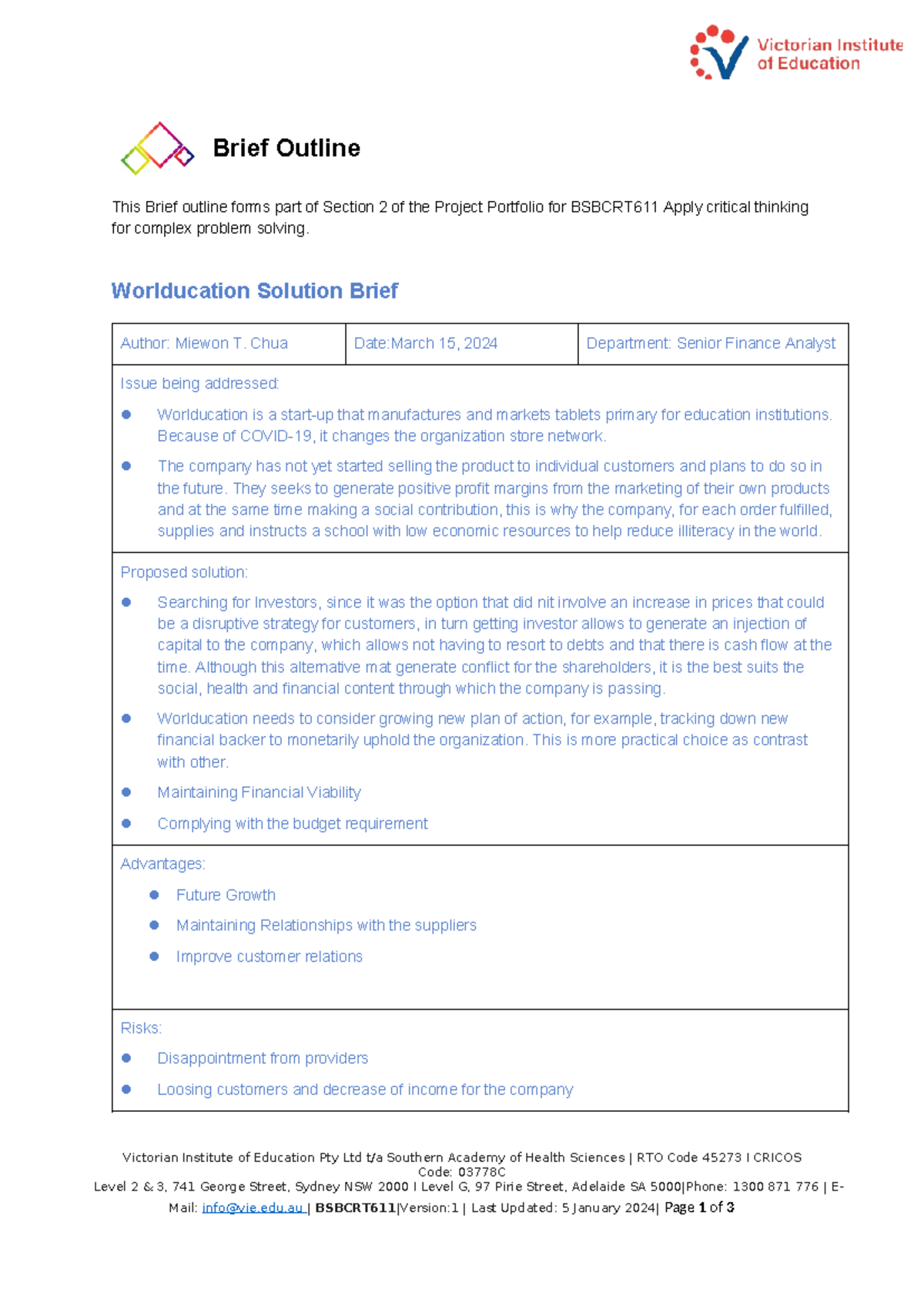 BSBCRT611 Project Portfolio: Worlducation Solution Brief Outline - Studocu